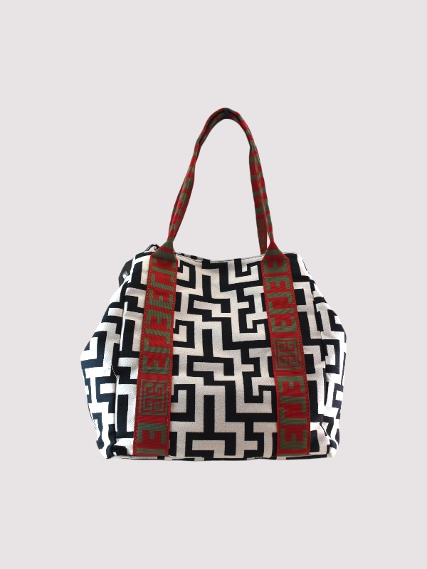 AVRA - CLASSIC Pattern - Ecru/Black - EL Red/Olive Strap - Shoulder Bag